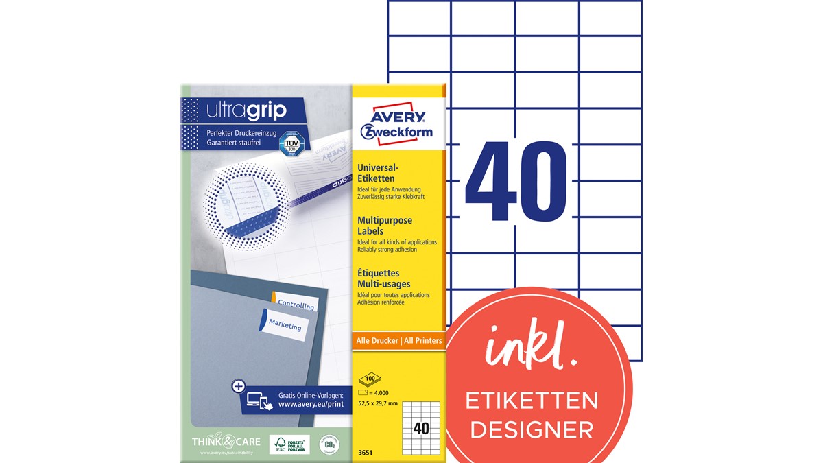Avery Zweckform 3651 Universal-Etiketten, 52,5 x 29,7 mm, weiß