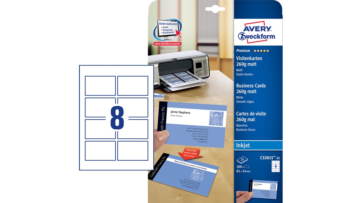 Avery Zweckform C32015-25 Premium Visitenkarten, 260 g/m², matt