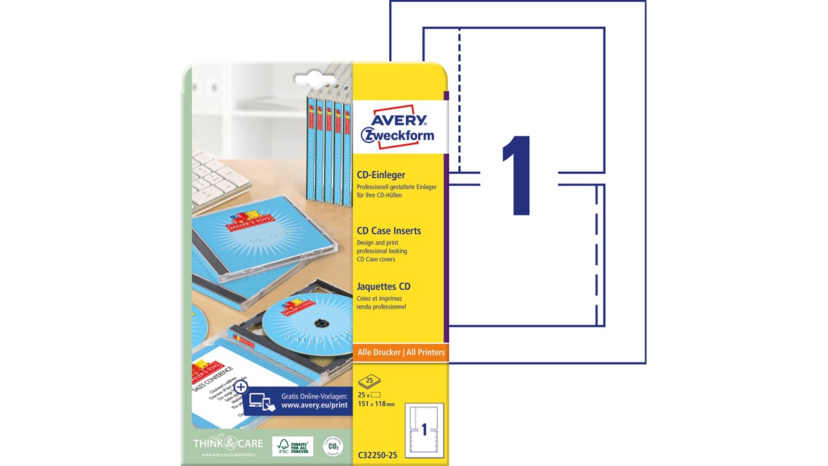 Avery Zweckform C32250-25 CD-Einleger, 151 x 118 mm auf A4, weiß