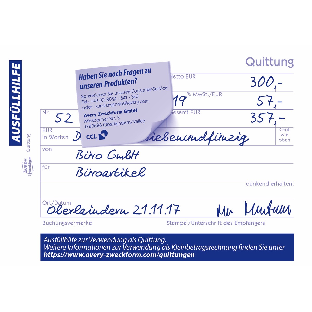 Avery Zweckform 1735 Quittung, MwSt. separat ausgewiesen