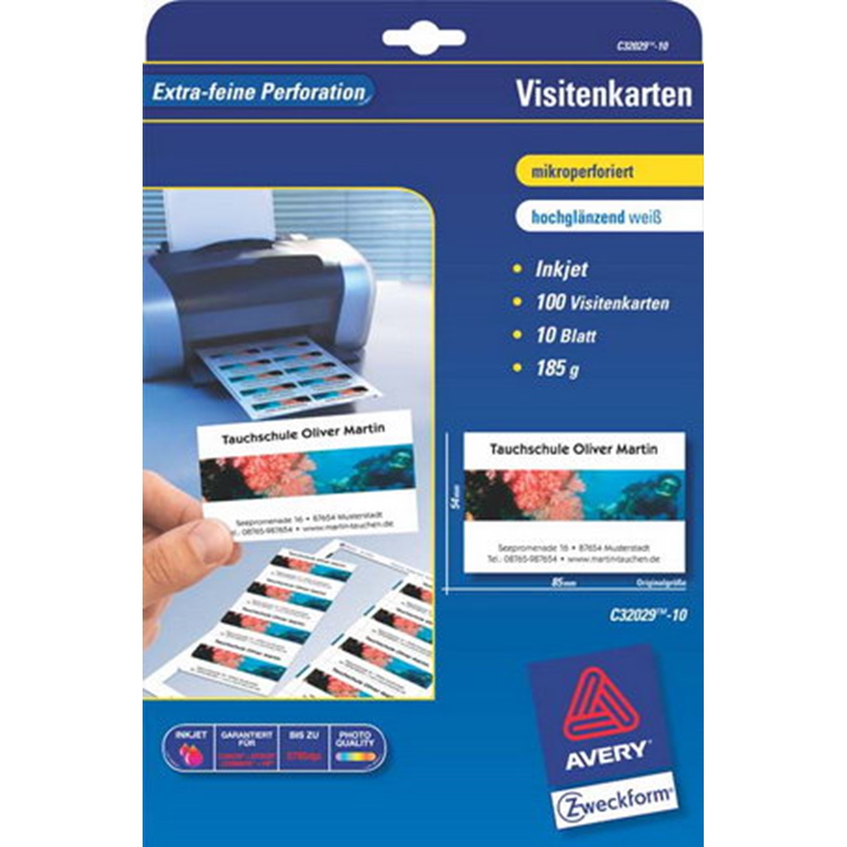 Avery Zweckform C32029-10 Visitenkarten, mikroperforiert, weiß, 185 g